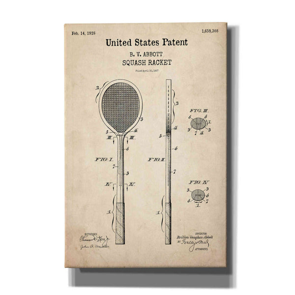 'Squash Racket Blueprint Patent Parchment,' Canvas Wall Art ...